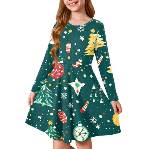 Cnbwig Girls' Vintage Christmas Printed Dress Long Sleeve Round Neck A ...