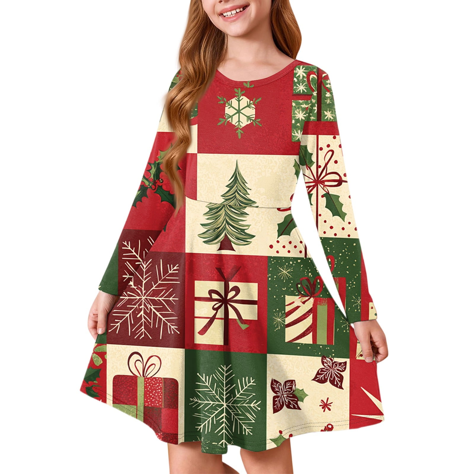 Cnbwig Girls' Vintage Christmas Printed Dress Long Sleeve Round Neck A ...