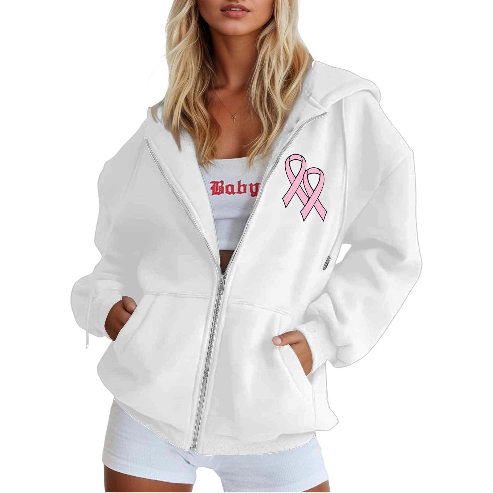 Cnbwig Graphic Hoodies for Womens Zip Up Breast Cancer Awareness Ribbon ...