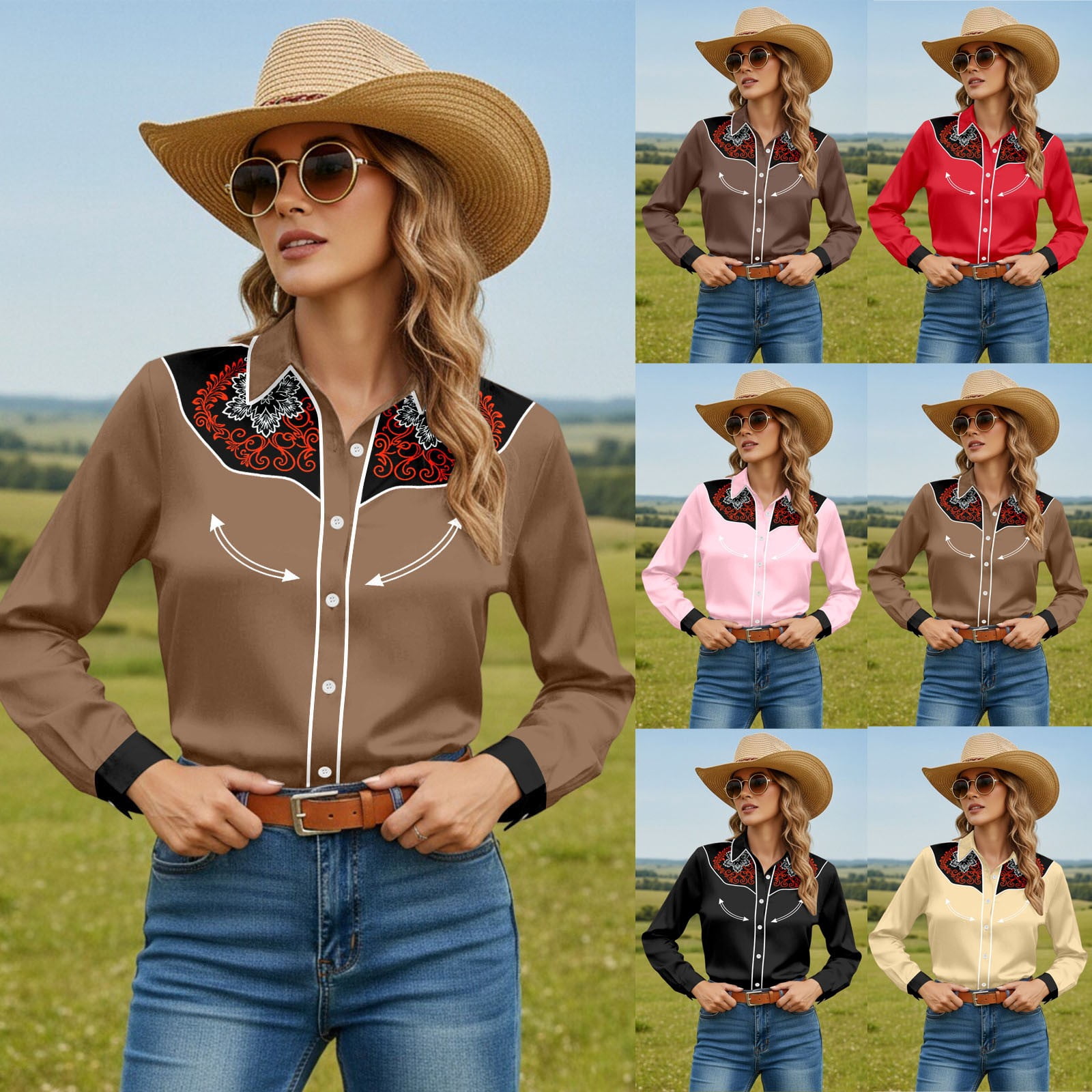 Cnbwig Shirts for Womens Western Floral Print Vintage Lapel Long Sleeve ...