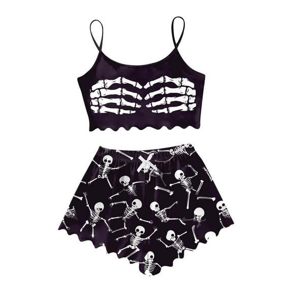 Cnbwig Two Piece Pajamas Sets for Women Halloween Sleeveless Skeleton ...