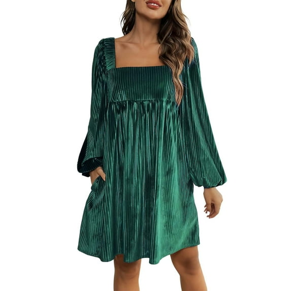 Cnbwig Women's Christmas Dresses Elegant Velvet Solid Long Sleeve Dress ...