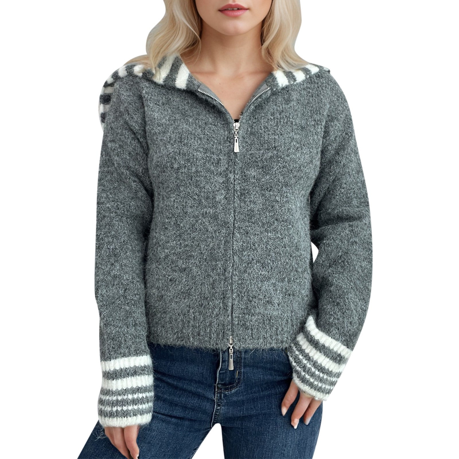 Cnbwig Women's Fall Winter Knit Sweater Solid Color with Strip Splicing ...