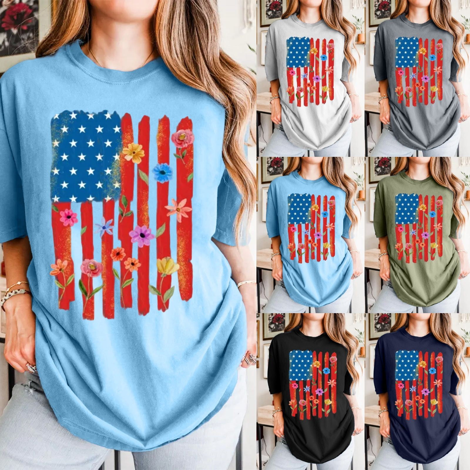 Cnbwig Womens Basic T Shirts Soft T Shirt Classic Fit Round Neck Flag ...