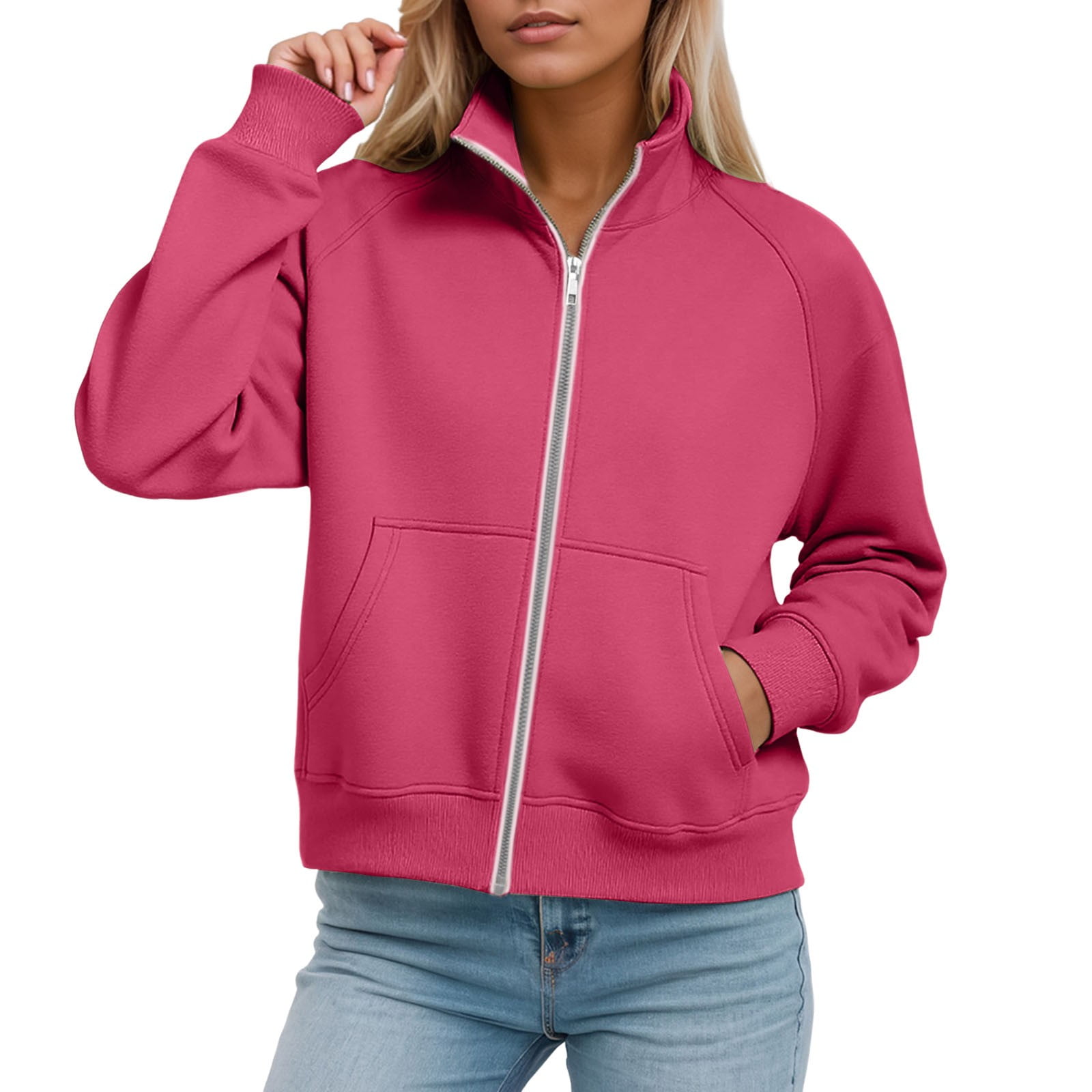 Cnbwig Womens Hoodies Pullover Tops Zip Up Solid Color Hoodless High ...