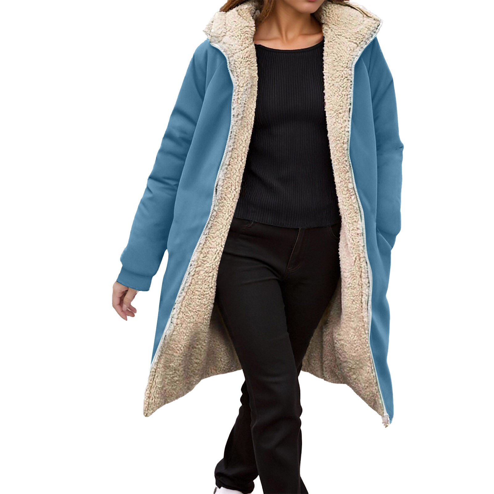 Cnbwig Womens Long Fleece Jacket Warm Outerwear Full Zip Casual Solid ...