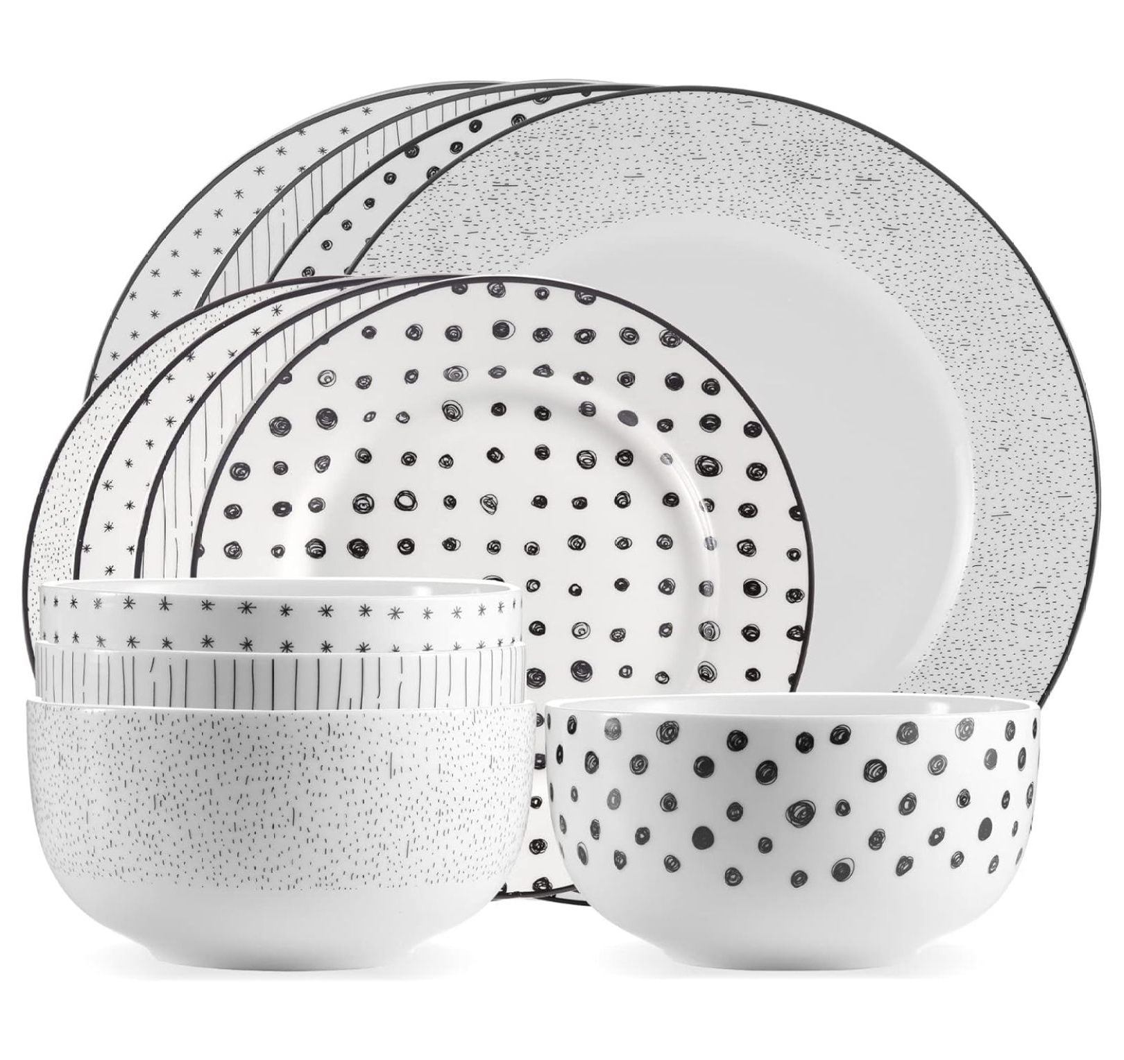 & Co. 12-Piece Black & White Sketch Dinnerware Set, Porcelain, Includes ...