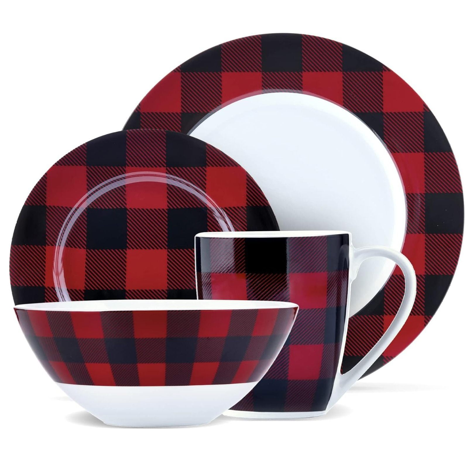 & Co. 16-Piece Red, Black Plaid Dinnerware Set, Porcelain, Includes ...