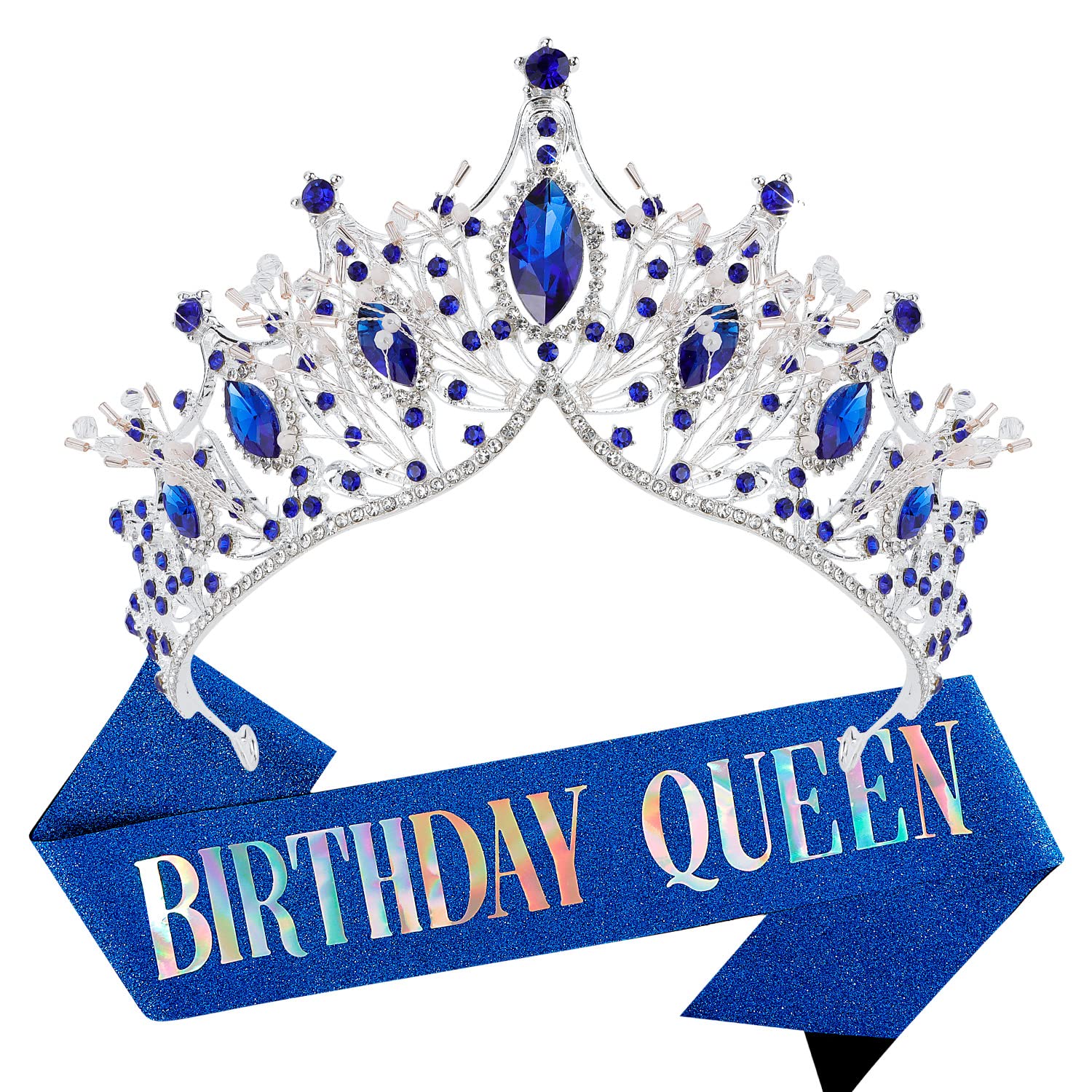CoCoMangos Birthday Crowns for Women, Blue Birthday Queen Sash Tiaras for Women, Princess ...