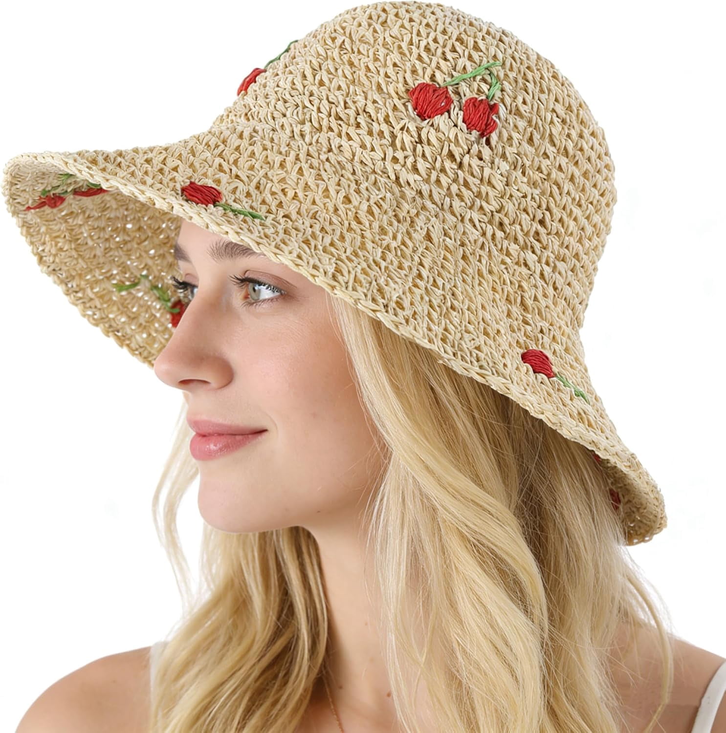 CoCoMangos Floral Straw Sun Hat for Women Wide Brim UV Protection Woven ...