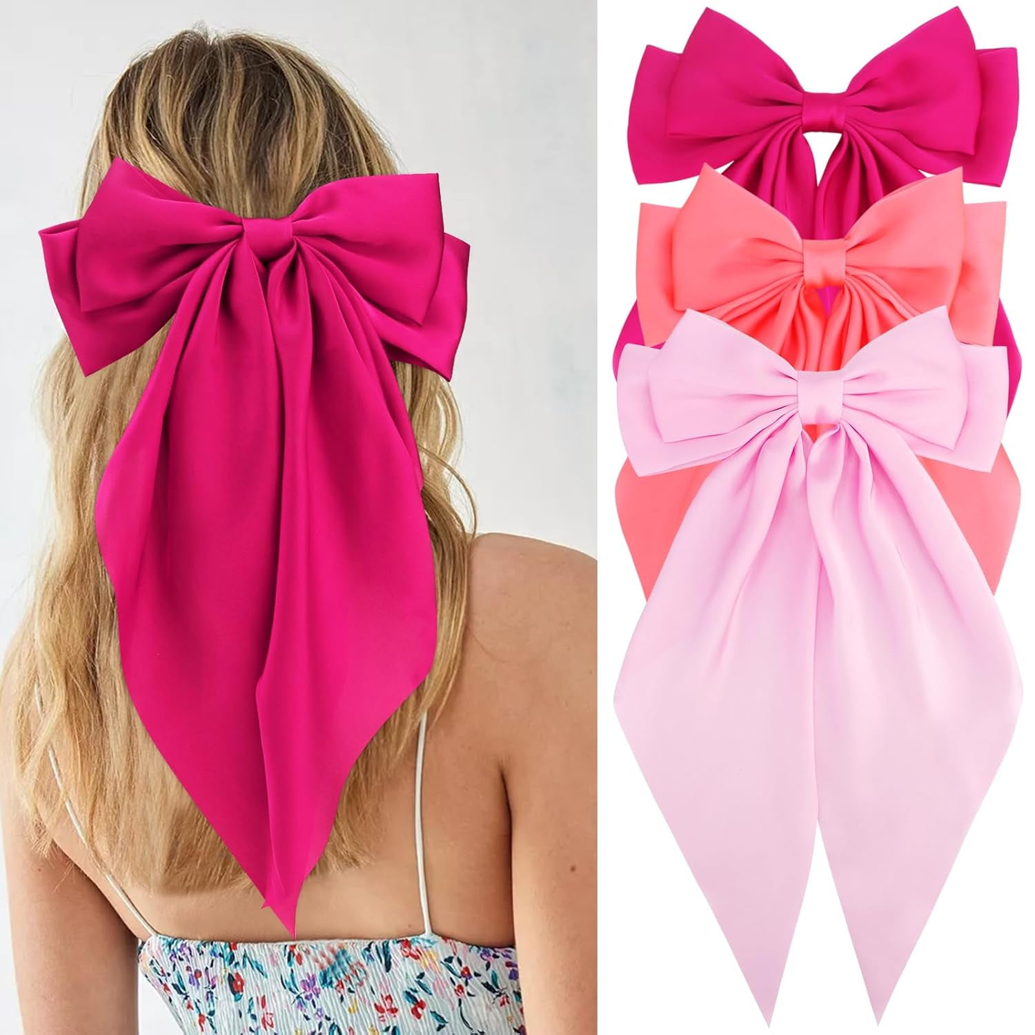 CoCoMangos Hair Bows for Women Girls 3Pcs Pink Red Rose Red Silky Satin ...