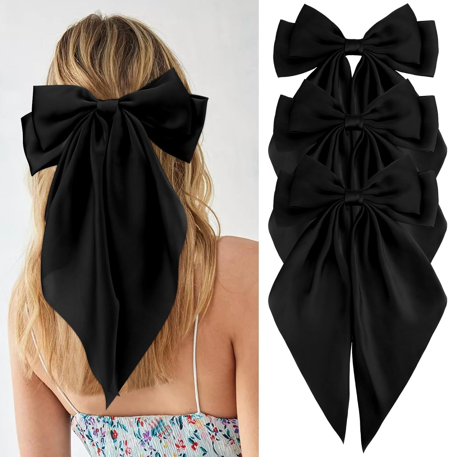 CoCoMangos Hair Bows for Women Girls 3Pcs Pink Red Rose Red Silky Satin ...