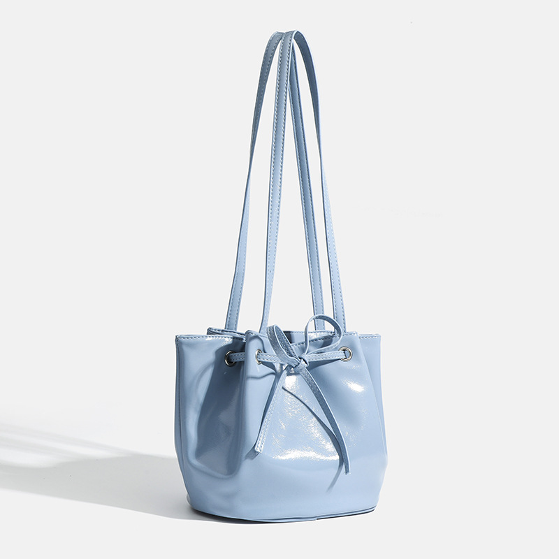 CoCoMangos Korean Bow Oil Wax Leather Pumping Rope Bucket Bag Women's ...