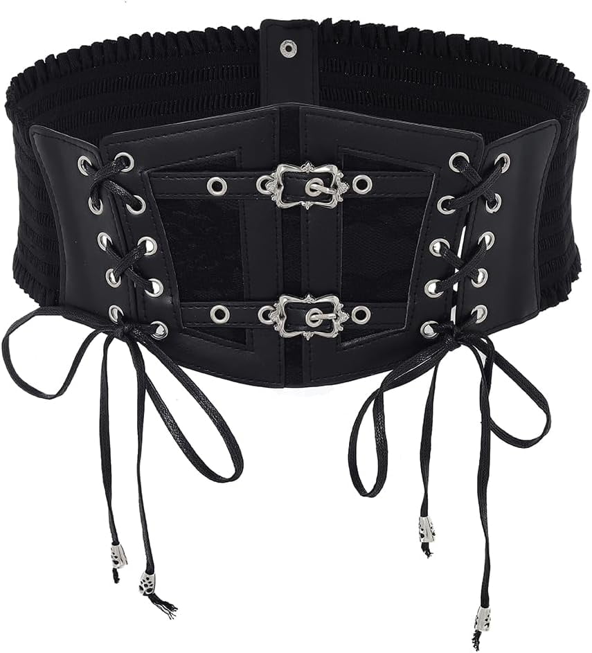 CoCoMangos Lace-up Leather Corset Belt Elastic Tied Black Waspie Belt ...