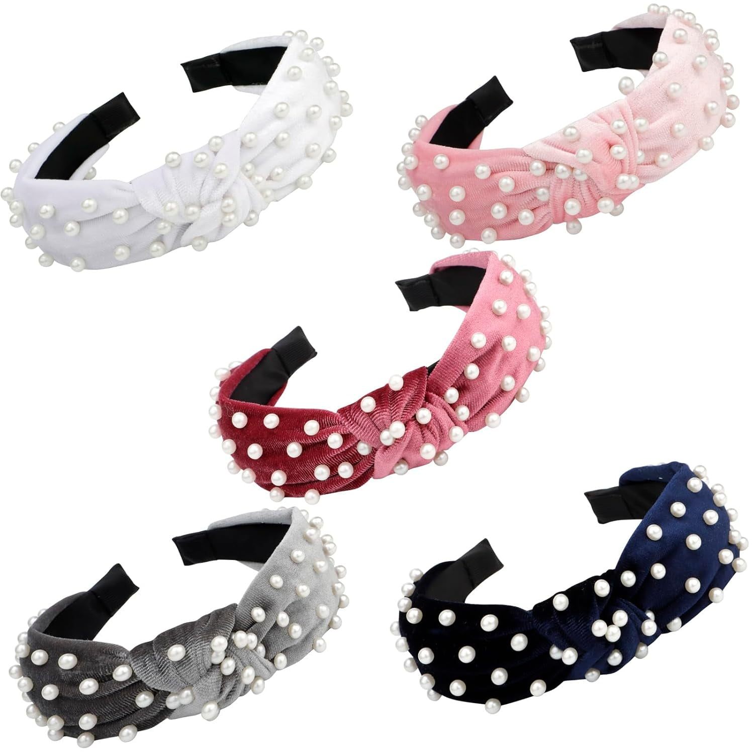 CoCoMangos Pearl Headband - 5 Pcs Set Velvet Fabric in Black, White, Pink, Red, Knotted ...
