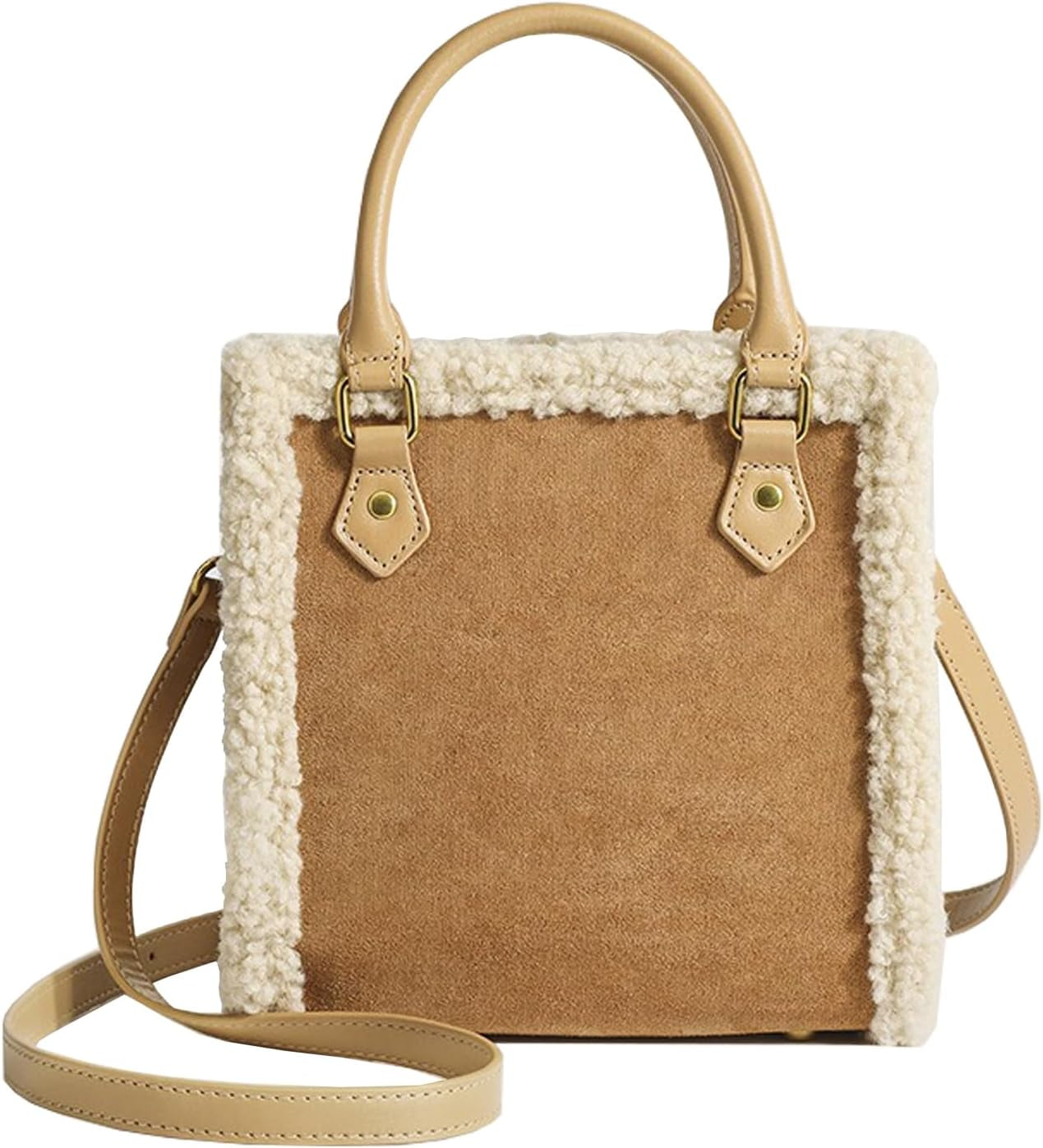 CoCoMangos Small Suede Tote Bag Faux Shearling Trim Square Crossbody ...