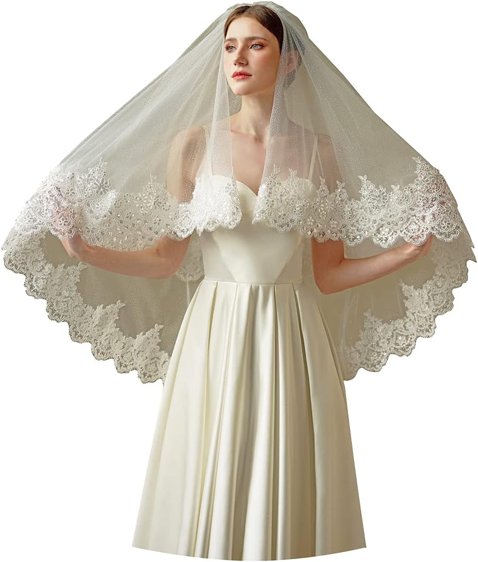 CoCoMangos Wely 2 T Glitter Soft Tulle Sequin Lace Wedding Bridal Veil ...