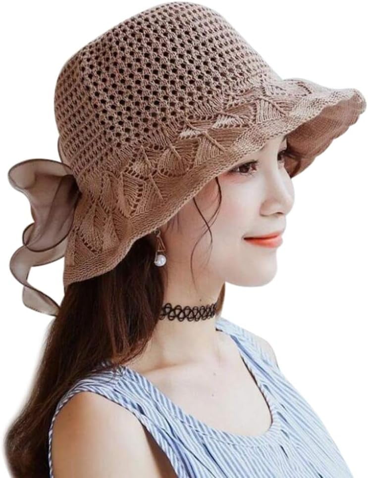 CoCoMangos Women Girls Bow Bucket Hat Hollow Breathable Sun Visor Hat ...