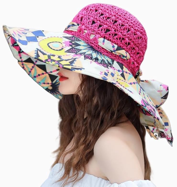 CoCoMangos Womens Floral Bowknot Straw Sun Hat Wide Brim Floppy Bucket ...