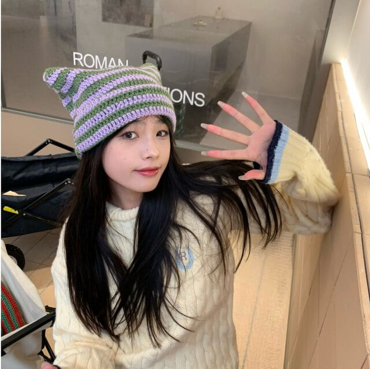 CoCopeanut Beanie Bergaris Baru dengan Telinga Kucing Wanita Topi ...