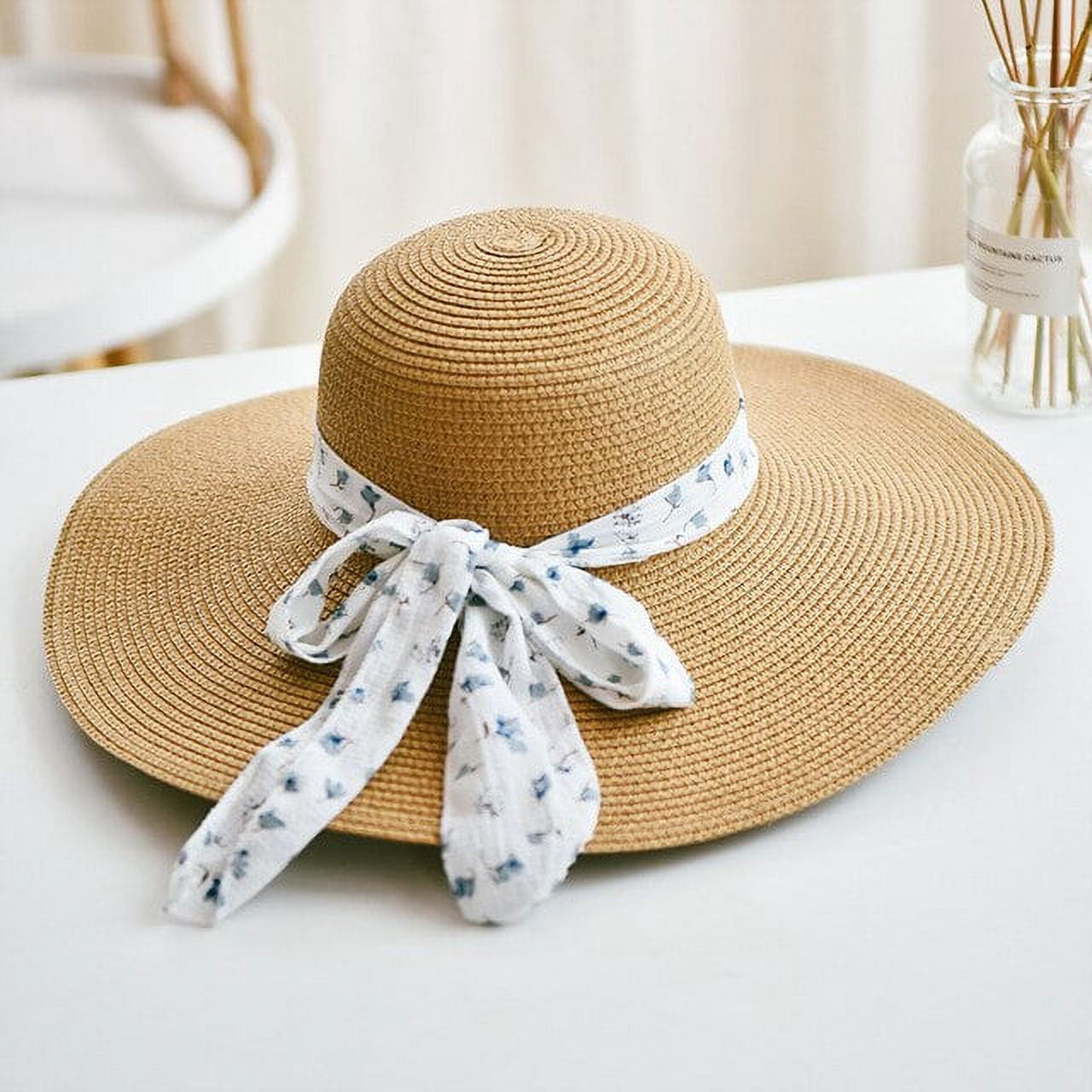 CoCopeanut Foldable Big Brim Floppy Girls Straw Hat Sun Hat with ...