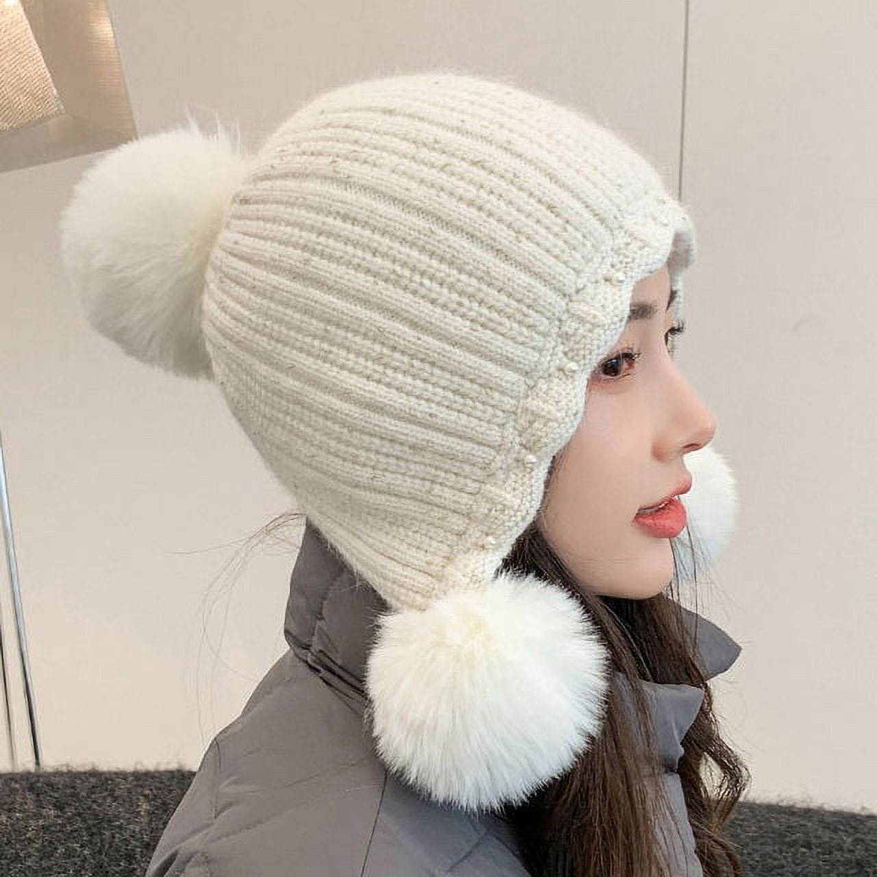 CoCopeanut Warm Knitted Women's Hat Striped Winter Hats for Women Double Fur Pompom Wool Beanies ...