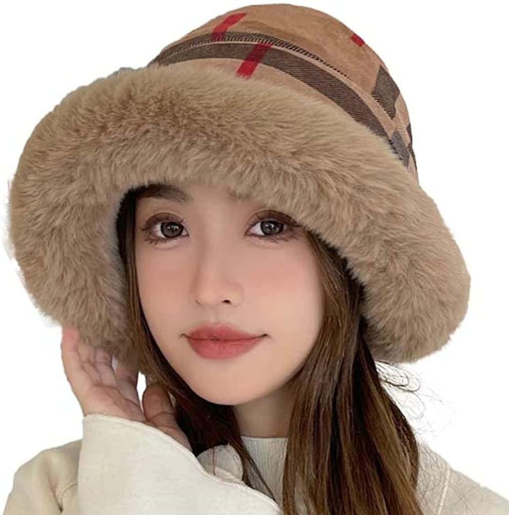 CoCopeaunt Women Plush Fluffy Bucket Hat Warm Winter Cozy Fuzzy Brim ...