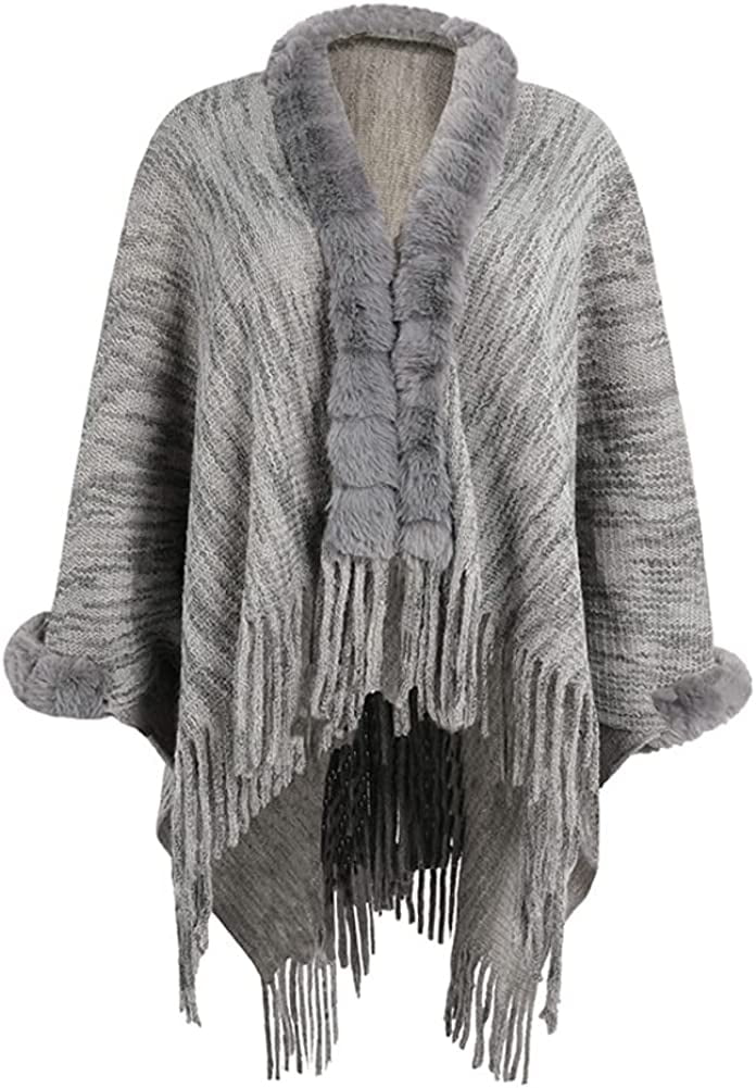 CoCopeaunt Women Poncho Shawls Warm Thick Fluffy Plush Tassels Cardigan ...