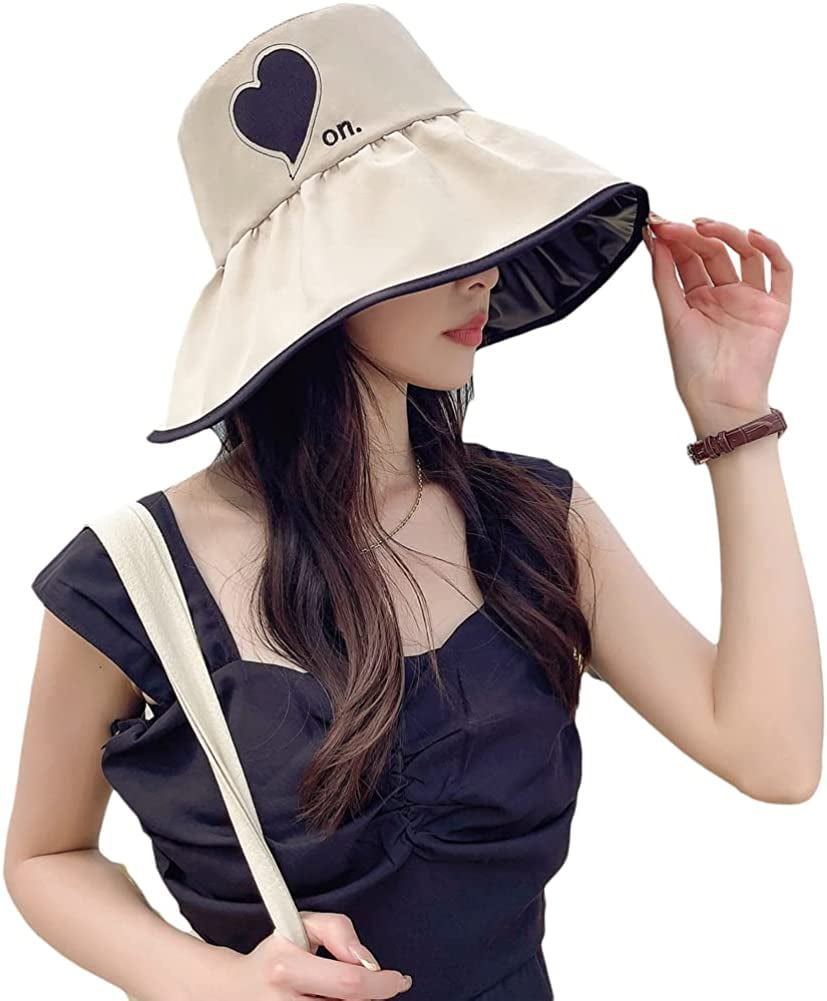 CoCopeaunt Women Wide Brim Sun Hat UV Protection Sun Cap Bucket Hats Chic Heart Summer Hat ...