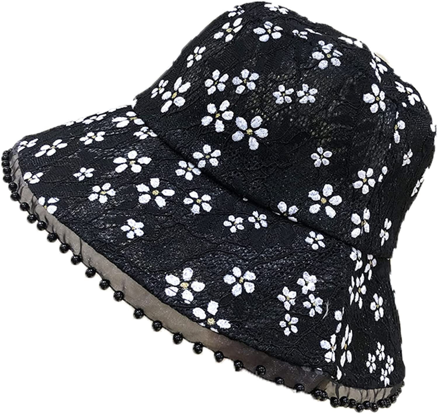 CoCopeaunts Black Bucket Hat for Women Soft Lace Flower Pearl Wide Brim ...