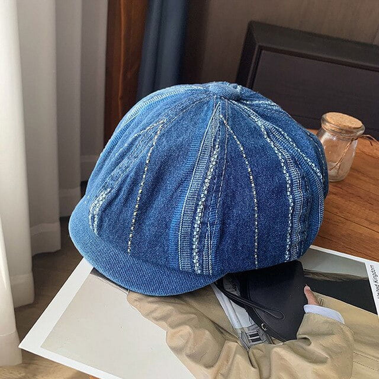 CoCopeaunts Patchwork Denim Beret Octagonal Hats For Women Washed ...
