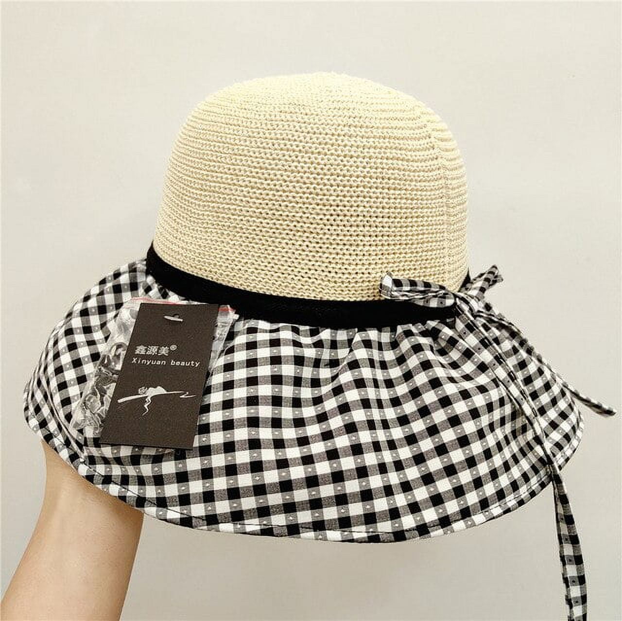 CoCopeaunts Plaid Straw Hats For Women Summer Wide Brim Hat Patchwork ...