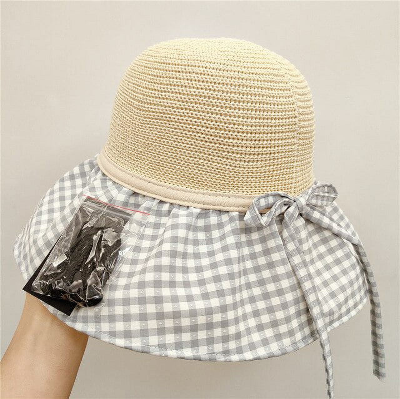 CoCopeaunts Plaid Straw Hats For Women Summer Wide Brim Hat Patchwork ...