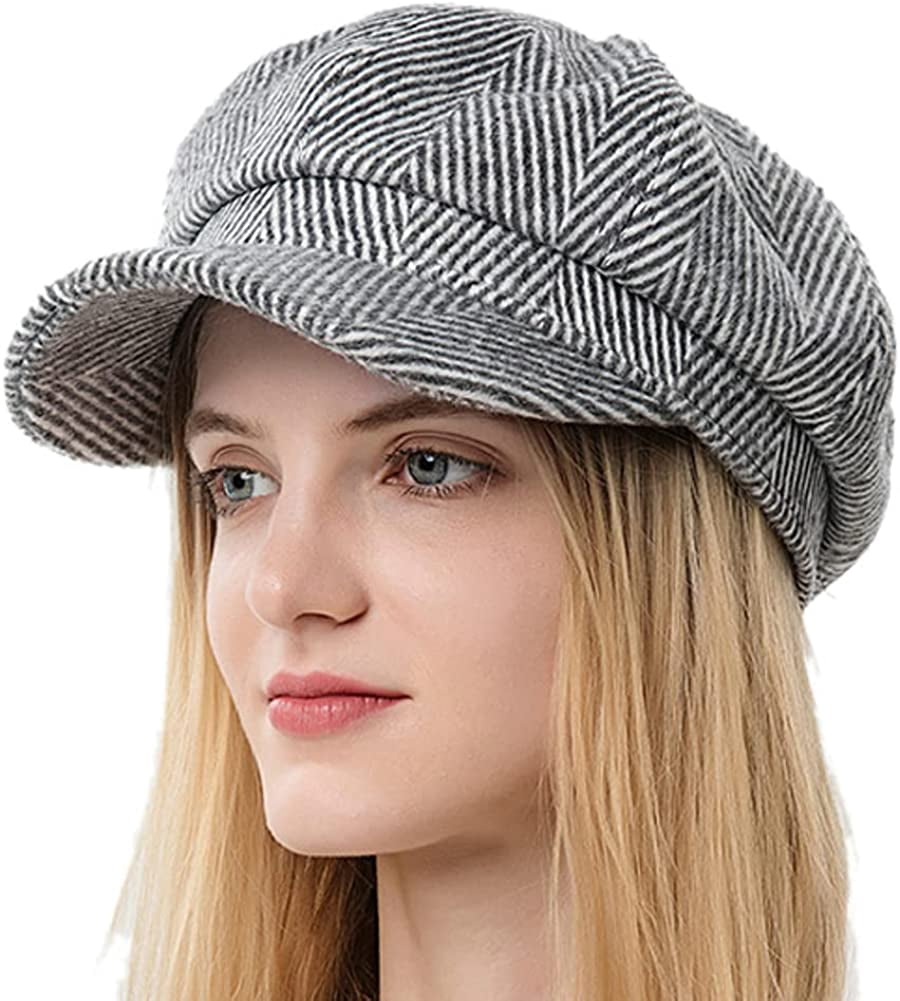 CoCopeaunts Stripe Newsboy Hat for Women Winter Tweed Newsboy Cap ...