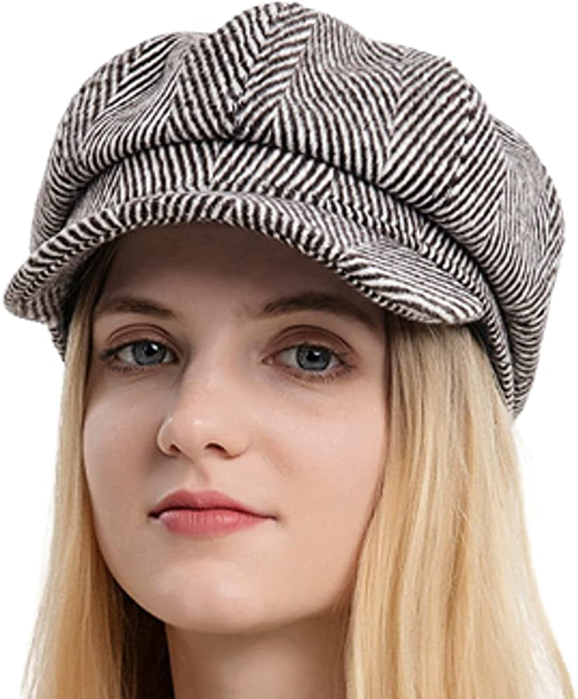 CoCopeaunts Stripe Newsboy Hat for Women Winter Tweed Newsboy Cap ...