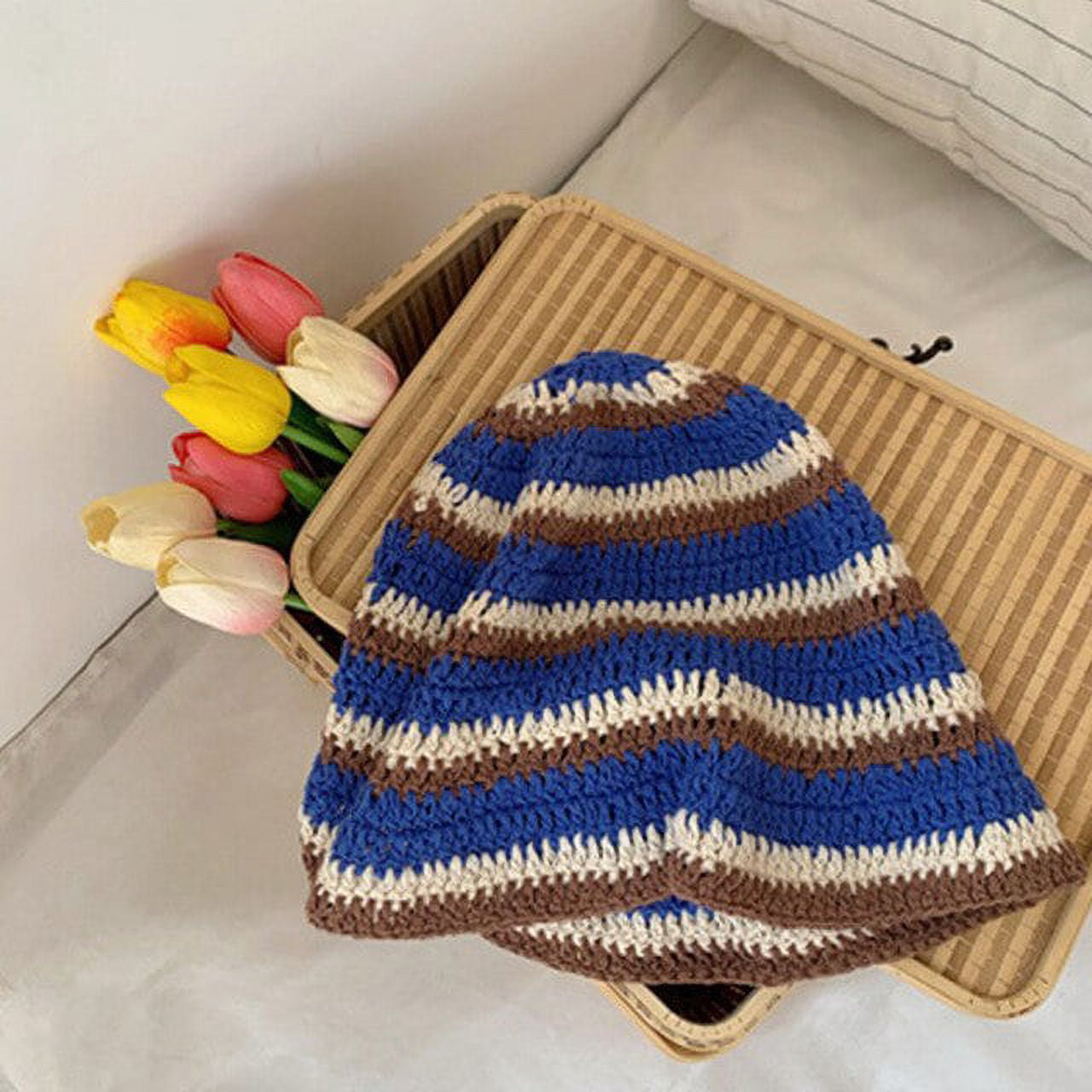 CoCopeaunts Striped Knitted Bucket Hat For Women Summer Hollow Panama ...