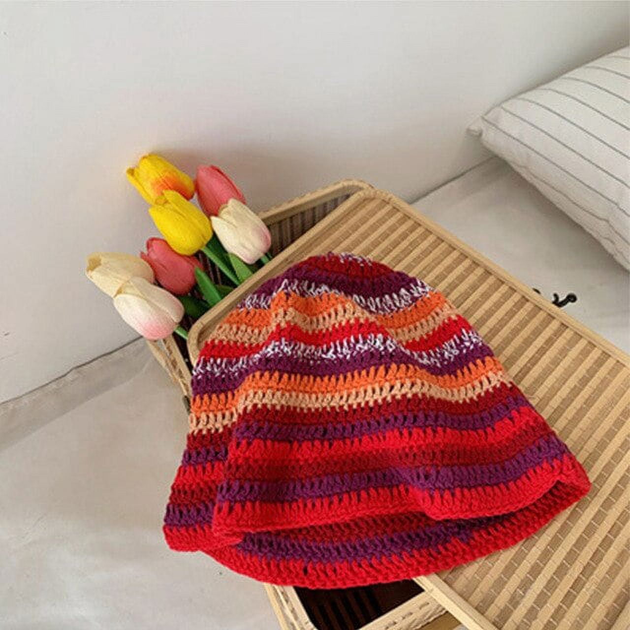 CoCopeaunts Striped Knitted Bucket Hat For Women Summer Hollow Panama ...
