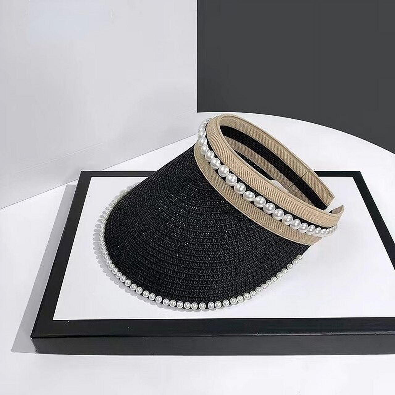 CoCopeaunts Summer Straw Empty Top Hat Woman Pearl Sun Visor Hat Ladies ...