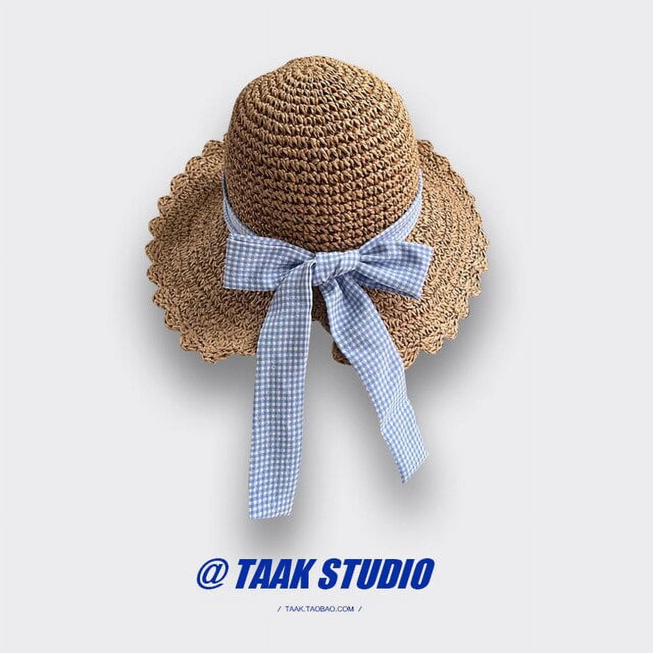 Cocopeaunts Summer Women Straw Hat Plaid Bowknot Wide Brim Floppy