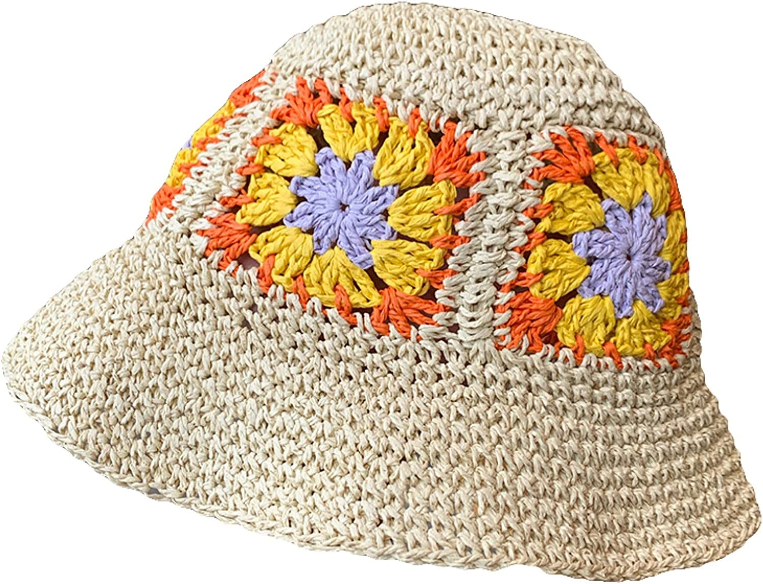 CoCopeaunts Women Straw Bucket Hat Flowers Pure Hand-Woven Crochet ...
