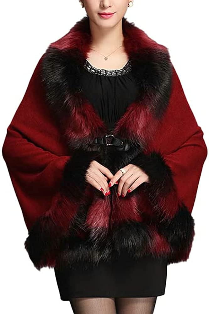 CoCopeaunts Women's Luxury Batwing Sleeve Faux Fur Cardigan Cloak Shawl ...