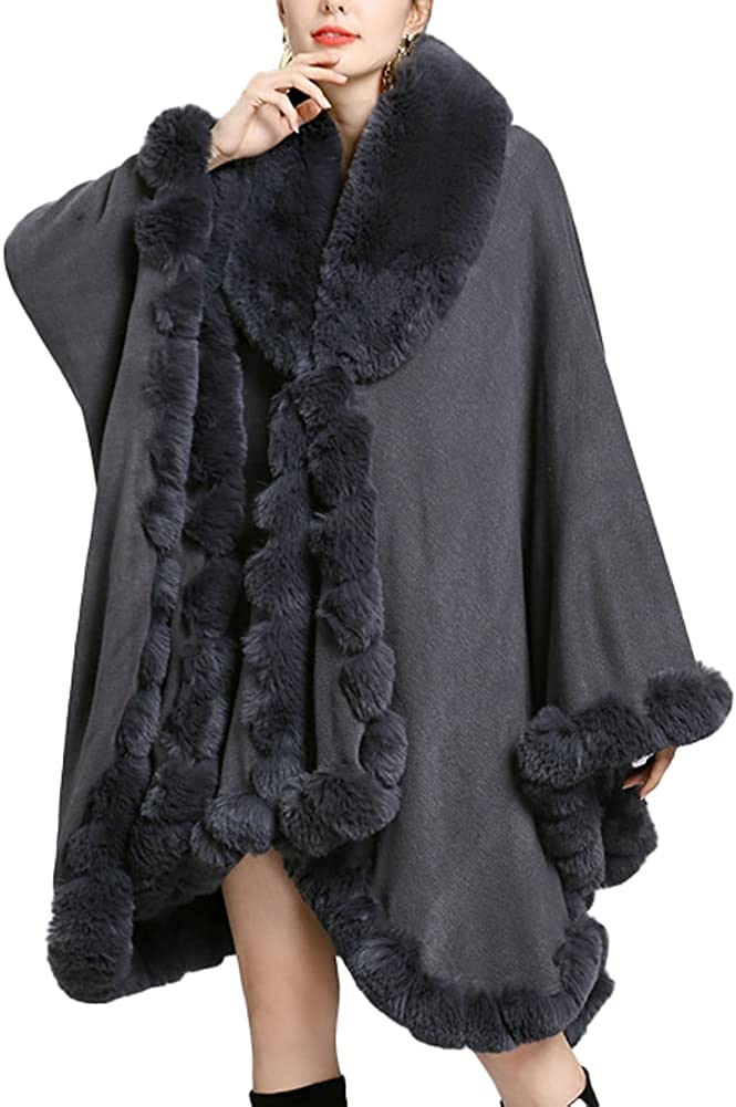 CoCopeaut Women Faux Fur Long Poncho Shawls Trendy Warm Thick Fluffy ...