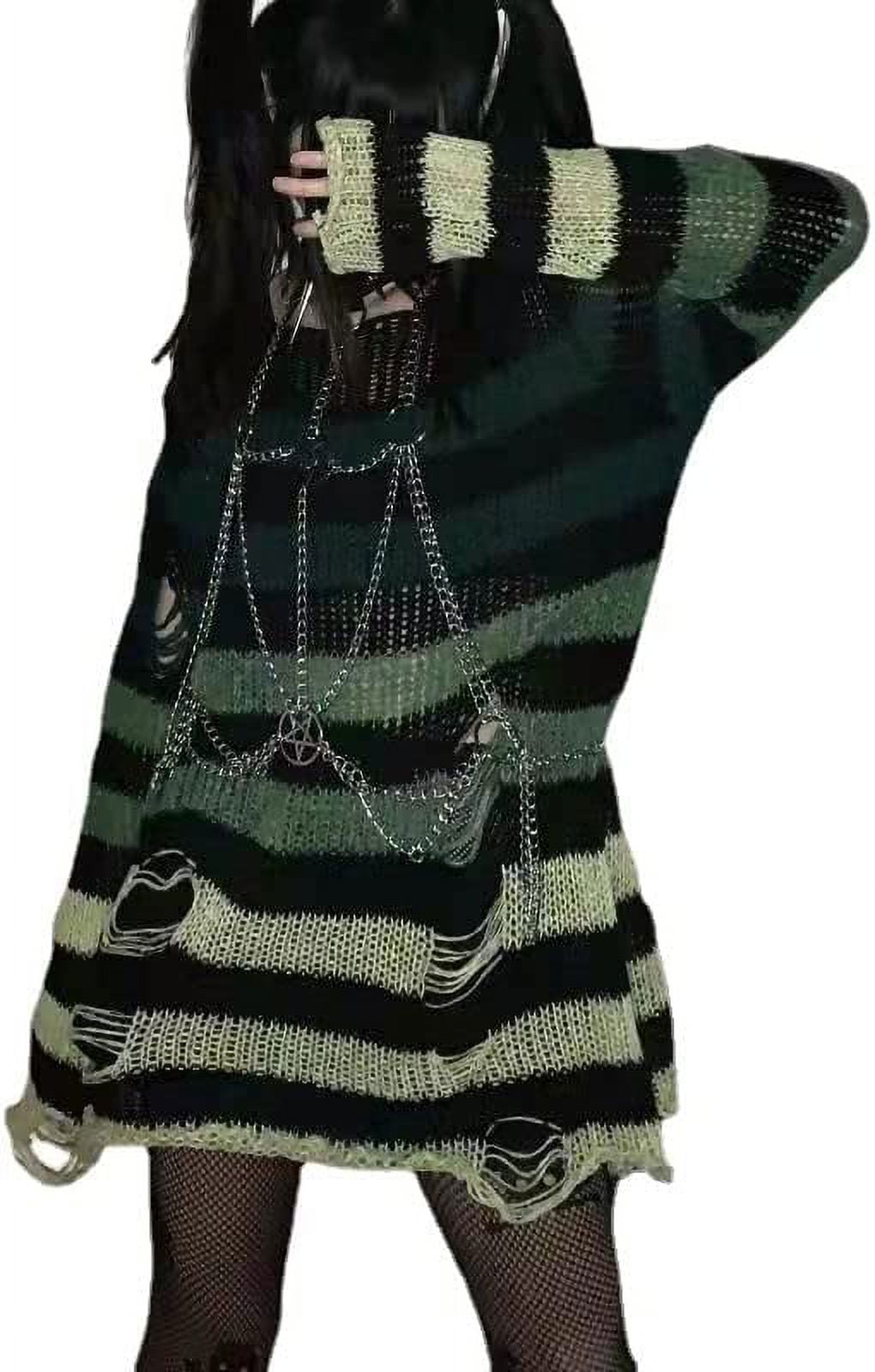 CoCopeaut Y2K Oversized Goth Punk Sweater Ripped Striped Long Sleeve ...