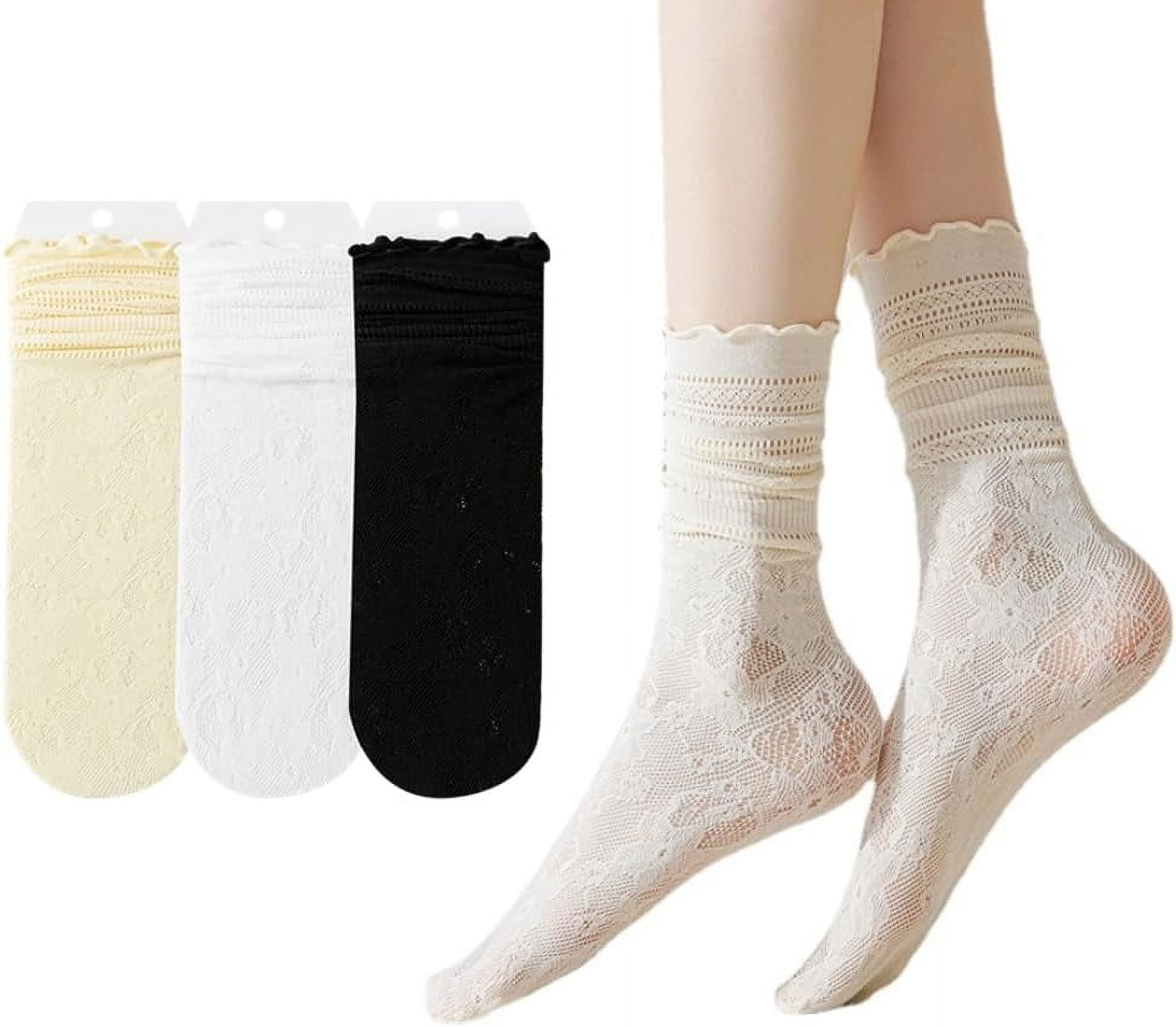 CoCozhu 3 Pairs Women's Cottagecore Fishnet Floral Lace Transparent ...