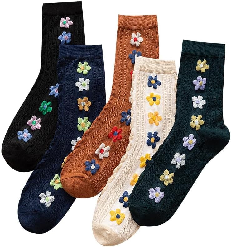 CoCozhu 5 Pairs Charming Vintage Embroidered Floral Crew Socks for ...