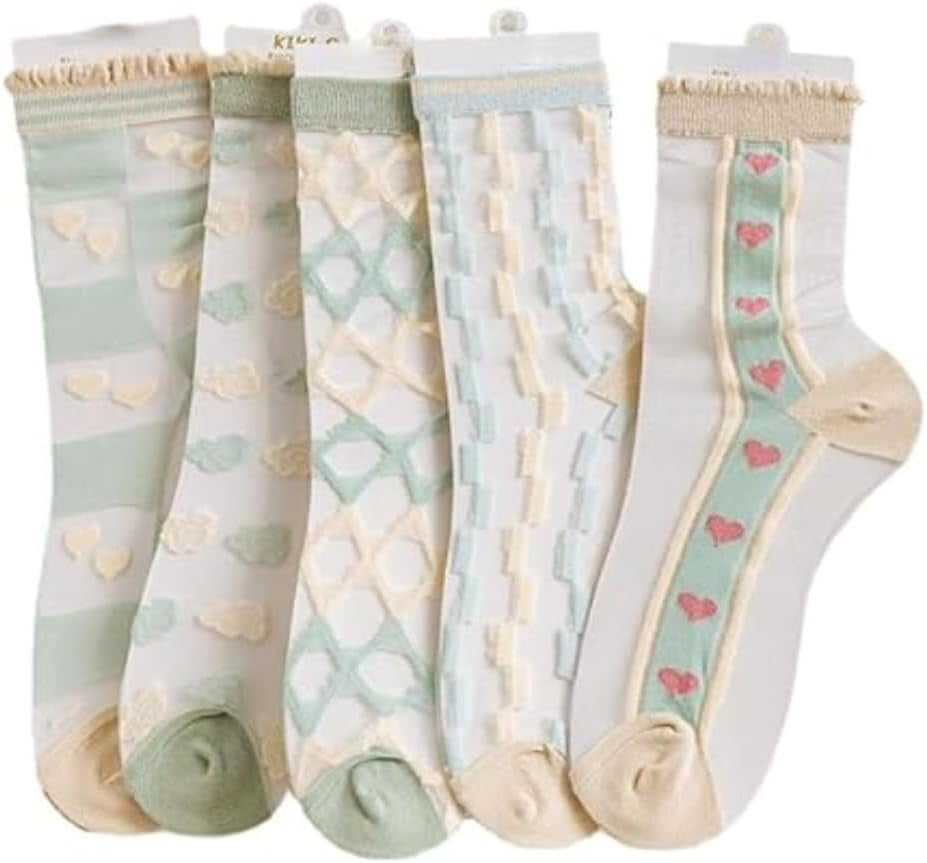 CoCozhu 5 Pairs Women Sheer Socks Girls Embroidered Floral Aesthetic ...