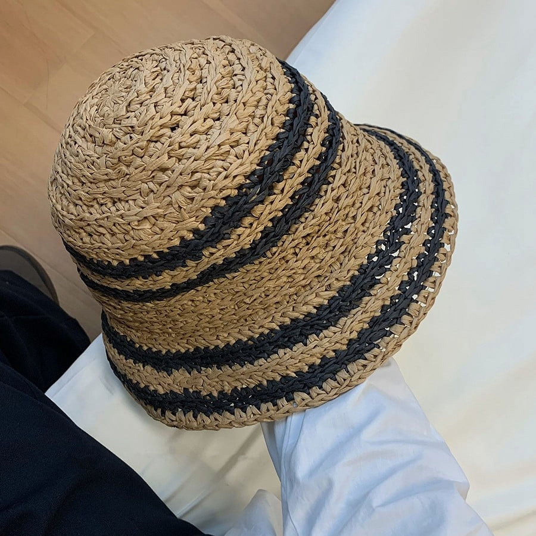 CoCozhu French Striped Woven Straw Hat For Women, Summer Sunshade Basin ...