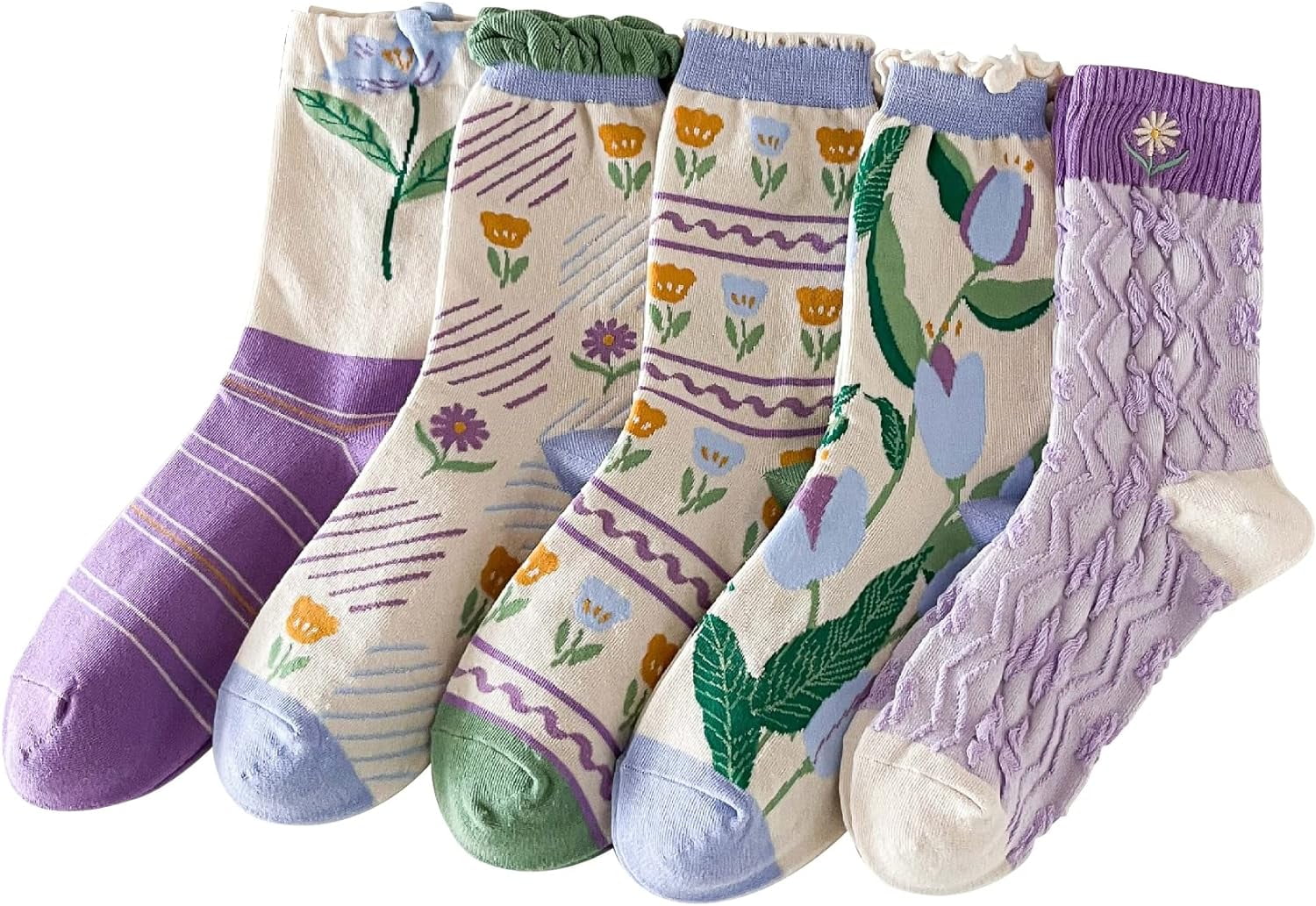 CoCozhu Women's Cute Vintage Floral Patterned Cotton Crew Socks Teen ...