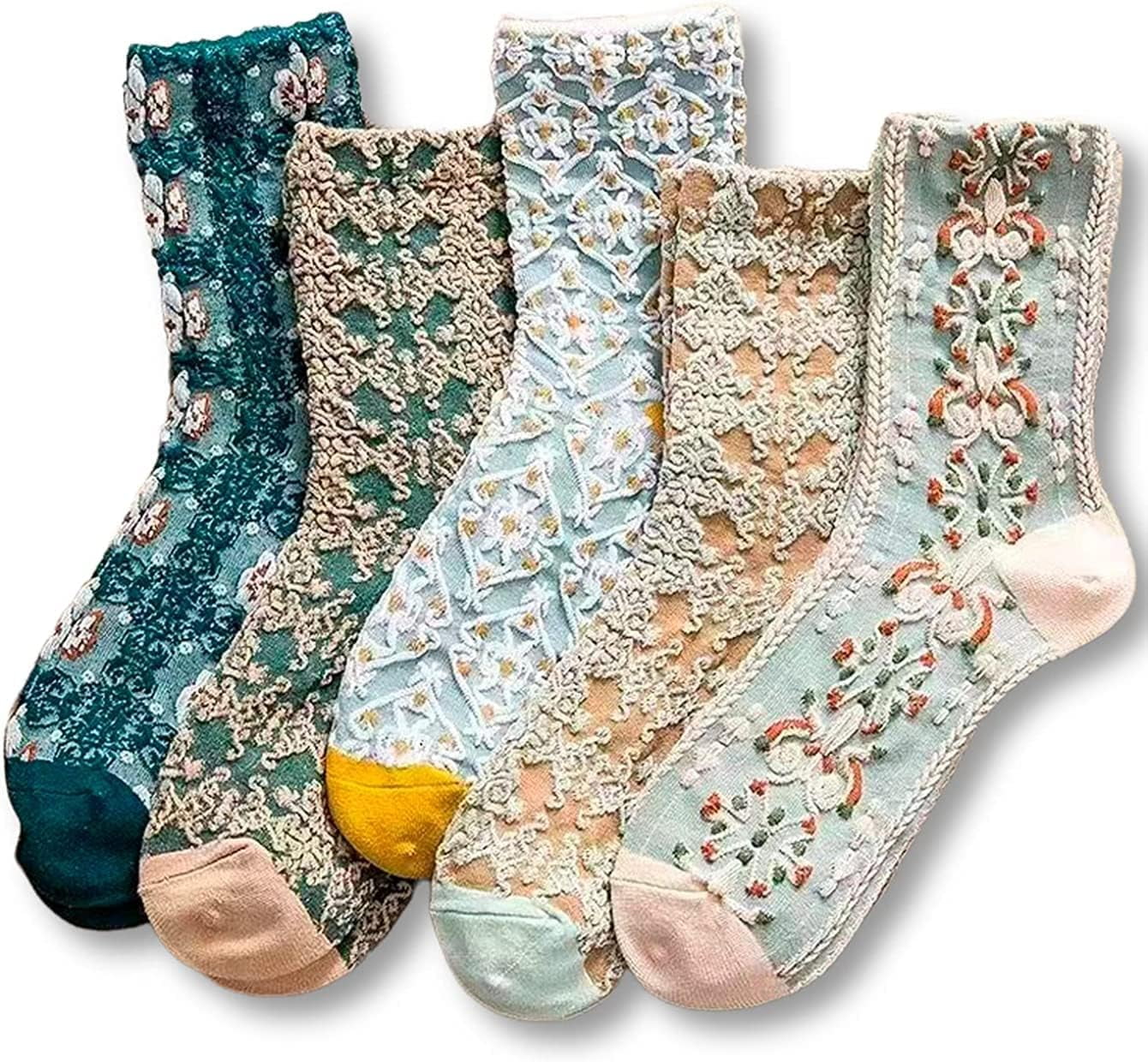 CoCozhu Women's Cute Vintage Floral Patterned Cotton Crew Socks Teen ...
