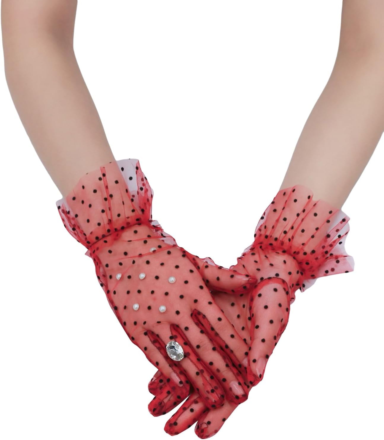 CoCozhu Women's Polka Dots Pearls Sheer Mesh Tea Party Gloves Ruffle ...